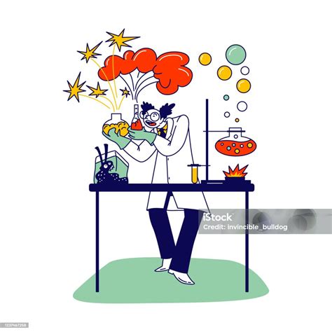실험실에서 실험을 수행하는 유리 플라스크와 비커와 미친 과학자 캐릭터 장비와 이상한 생물과 실험실에서 비약을 개발 악한 인물