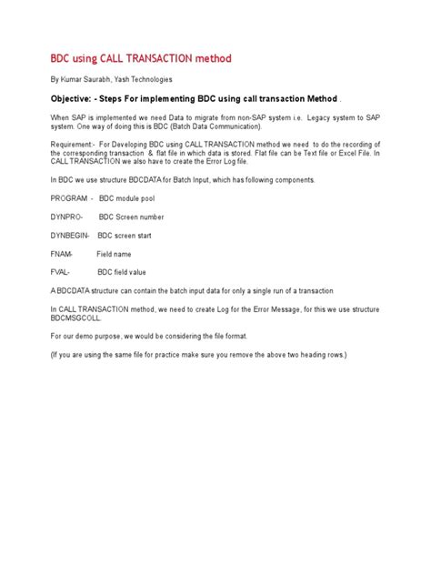 Bdc Using Call Transaction Method Pdf Database Transaction Computer Engineering