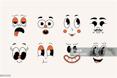 그루비한 코믹한 얼굴 다양한 감정을 가진 만화 캐릭터 얼굴 컬렉션 펑키한 추상적 귀여운 사이키델릭 70년대 80년대 낙서 이모티콘 스티커 벡터 복고풍 세트 감정에 대한 스톡