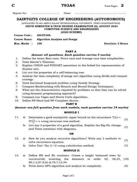 Algorithm Analysis And Design S6 B Tech Cs August 2023 S Pdf Computational Complexity