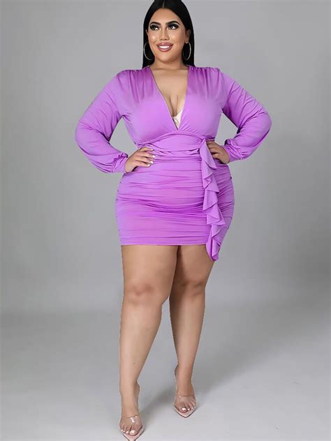 Plus Size Long Sleeve Ruched Bodycon Mini Dresses Vestidos Para Fiesta Gorditas Moda De