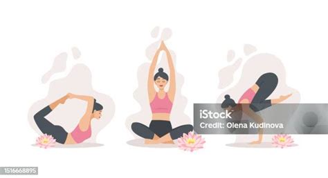 요가 포즈 요가를 하는 젊은 여자 건강한 라이프 스타일 흰색 배경에 고립된 다양한 요가 포즈를 보여주는 여성 캐릭터의 벡터 컬렉션 운동에 대한 스톡 벡터 아트 및 기타
