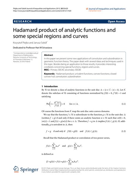Pdf Access Hadamard Product Of Analytic Functions And Some Special Regions And Curves
