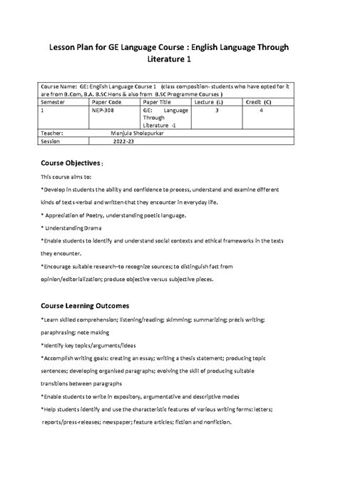 ge english language through literature 3 lesson plan for ge language