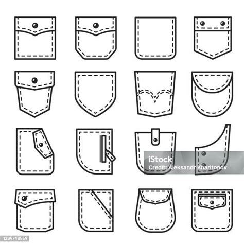 버튼 지퍼 리벳 라인 아이콘이 흰색으로 분리되어 있는 패치 포켓 주머니 개인 장식품에 대한 스톡 벡터 아트 및 기타 이미지 주머니 개인 장식품 청바지 치마 Istock