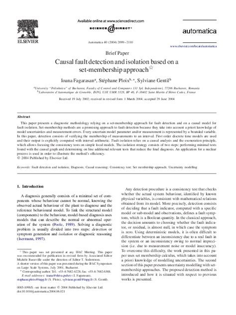 Pdf Causal Fault Detection And Isolation Based On A Set Membership Approach☆