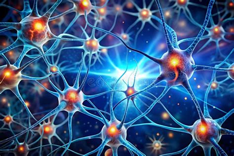 Close Up View Of Interconnected Neurons With Bright Orange Centers On Blue Background Stock