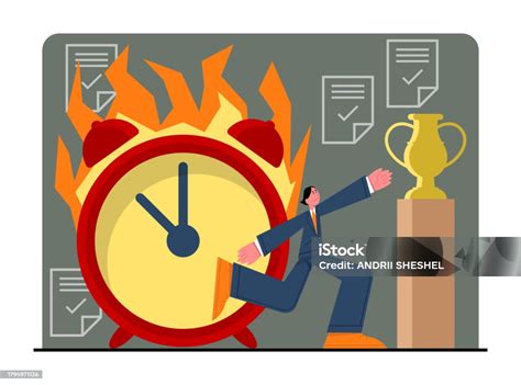 불 속에서 시계 근처에 서서 잔을 향해 달려가는 남자 마감일의 개념 1위에 대한 스톡 벡터 아트 및 기타 이미지 1위 Charity Benefit 개발 Istock