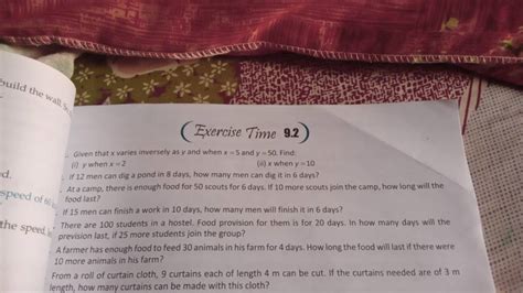 exercise time 9 2 given that x varies inversely as y and when x 5 and y