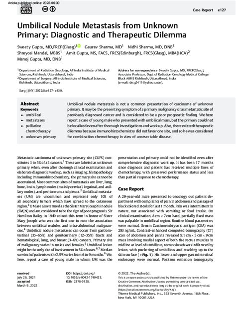 Pdf Umbilical Nodule Metastasis From Unknown Primary Diagnostic And