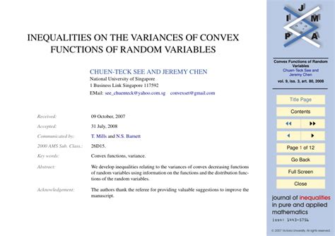Pdf Inequalities On The Variances Of Convex Functions Of Random Variables