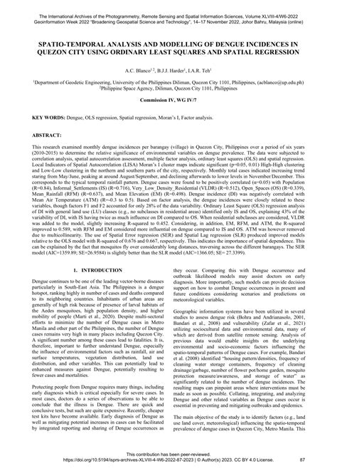 PDF SPATIO TEMPORAL ANALYSIS AND MODELLING OF DENGUE INCIDENCES IN QUEZON CITY USING ORDINARY