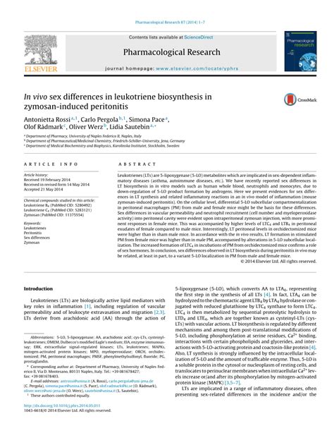 Pdf In Vivo Sex Differences In Leukotriene Biosynthesis In Zymosan