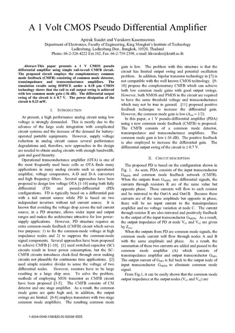 Pdf A 1 Volt Cmos Pseudo Differential Amplifier