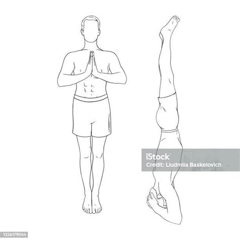 머리 받이에 요기 남자와 기도 포즈 요가 아사나스를 연습하는 남자 흰색 배경으로 격리된 벡터 그림 스케치 건강한 생활방식에 대한