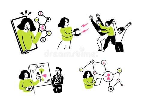 Cartoon Color Social Media Marketing Analytics Art Concept Scenes Set