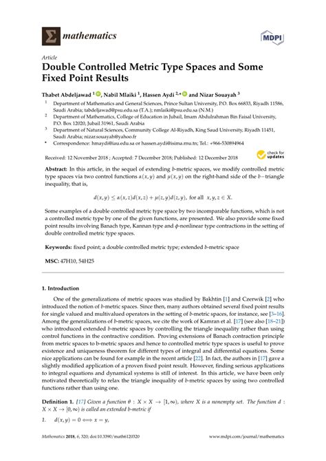 Pdf Double Controlled Metric Type Spaces And Some Fixed Point Results