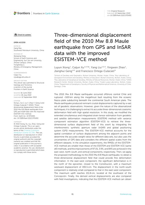 Pdf Three Dimensional Displacement Field Of The 2010 Mw 88 Maule