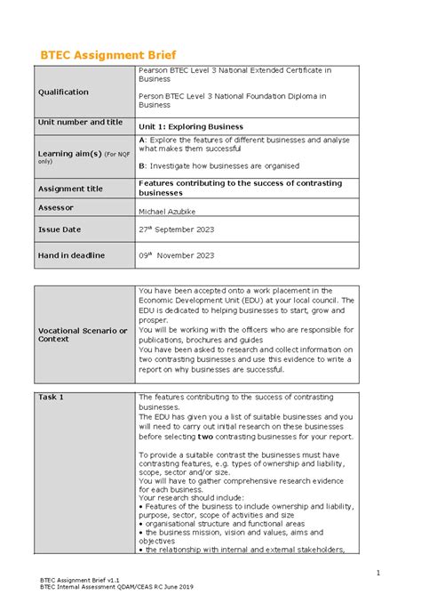 Unit 1 Exploring Business Assignment 1 Of 3 A And B 2023 Btec Assignment Brief Qualification
