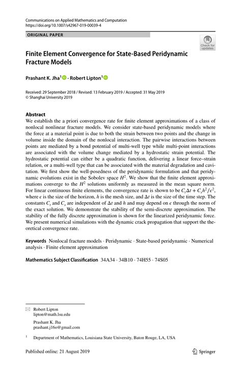 pdf finite element convergence for state based peridynamic fracture