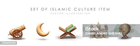 이슬람 문화 아이템 세트입니다 황금 대포와 달 전통 모스크 건물 0명에 대한 스톡 벡터 아트 및 기타 이미지 0명 3차원 형태 Ramadan Kareem Istock