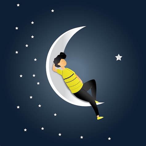 Мальчик спит на луне Премиум векторы