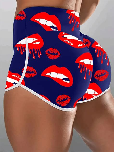 Plus Size Sporty Shorts Womens Plus Abstract Red Lip Print Temu Denmark