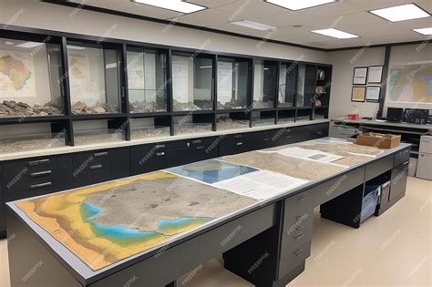 Premium Photo Depict A Section Of The Lab Focused On Geology With Rock Samples And Geological Maps