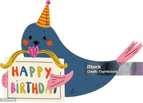 귀여운 고래 캐릭터 착용 파티 모자 들고 행복 한 생일 간판 벡터 일러스트 레이 션 귀여운에 대한 스톡 벡터 아트 및 기타 이미지 귀여운 만화 명랑한 Istock