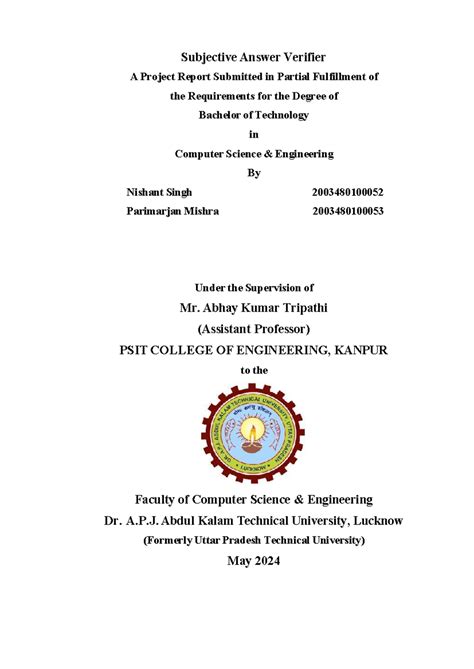 Complete Automatic Answer Checker Subjective Answer Verifier A Project Report Submitted In