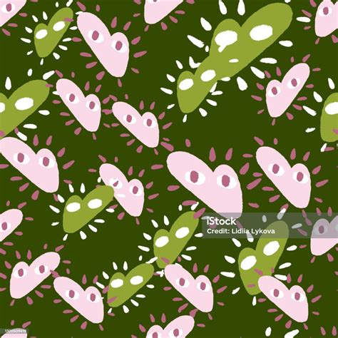 심플한 스타일의 하트 캐릭터가 프린트된 추상적인 매끄러운 패턴 녹색 배경입니다 로맨틱 한 사랑 스타일 가능성에 대한 스톡 벡터 아트 및 기타 이미지 Istock