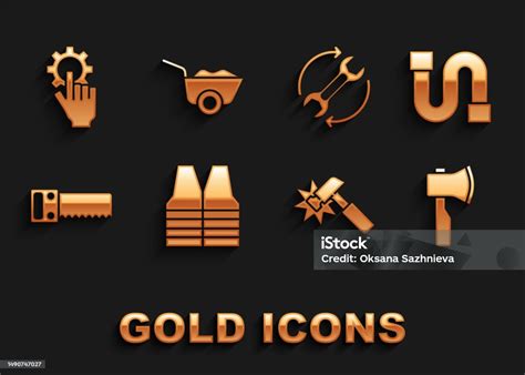 안전 조끼 산업 파이프 나무 도끼 망치 손톱 렌치 화살표를 워크 플로로 손의 설정 및 수레 아이콘을 설정합니다 벡터 갈고리