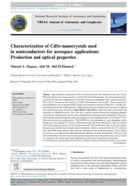 Pdf Characterization Of Cdse Nanocrystals Used In Semiconductors For Aerospace Applications