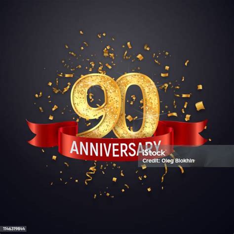 어두운 배경에 90 년 기념일 템플릿 90 빨간색 리본 벡터와 색종이 고립 된 디자인 요소와 황금 숫자를 축 하 90에 대한
