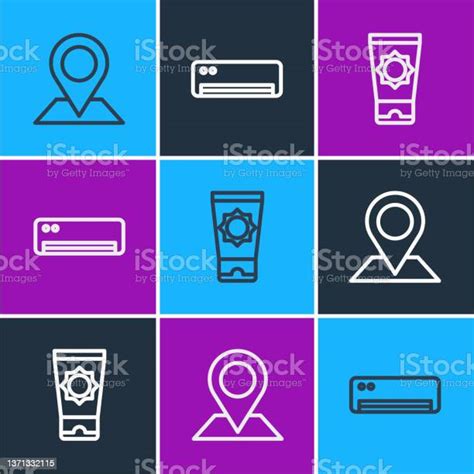 세트 라인 위치 튜브 및 에어컨 아이콘에 선스크린 크림 벡터 고풍스런에 대한 스톡 벡터 아트 및 기타 이미지 고풍스런 글로벌 비즈니스 등고선 Istock