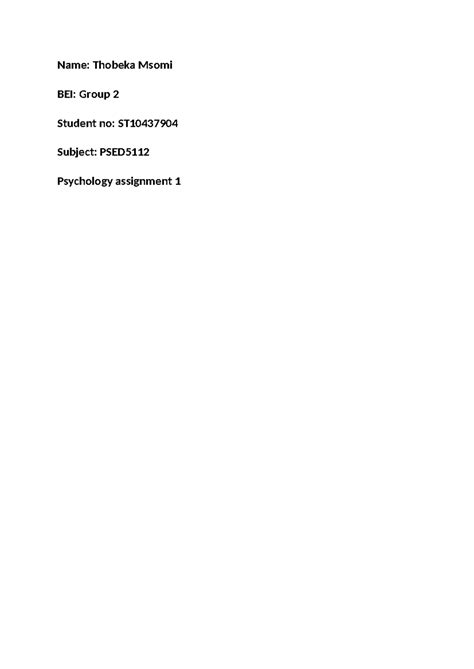 Psed5112 Assignment 1 Name Thobeka Msomi Bei Group Student No St