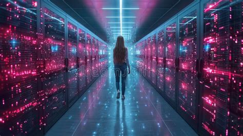 Internet Business Network And Cybersecurity Of Data Center With Engineer Working In A Server