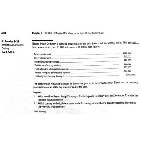 Solved 358Chapter 8 Variable Costing And The Measurement Of Chegg Com