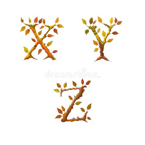 Stylized Autumn Leaf Tree Alphabet Letters X Z Stock Illustration
