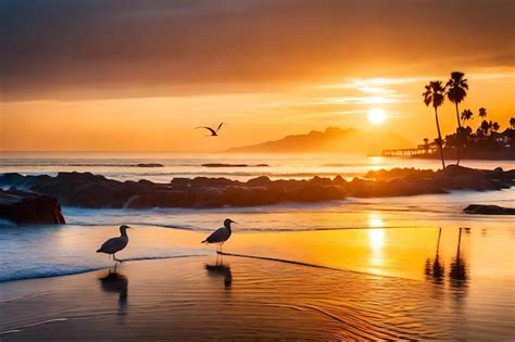 Premium Ai Image Birds On The Beach At Sunset