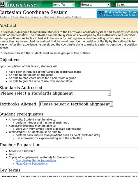 Cartesian Coordinate System Lesson Plan For 9th 12th Grade Lesson Planet