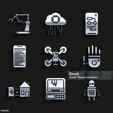 액션 카메라 3d 프린터 로봇 기계 로봇 손 스마트 홈 컴퓨터 Api 인터페이스 알고리즘 및 산업 기계 로봇 팔 공장 아이콘으로 드론 비행을 설정합니다 벡터 3차원 형태에