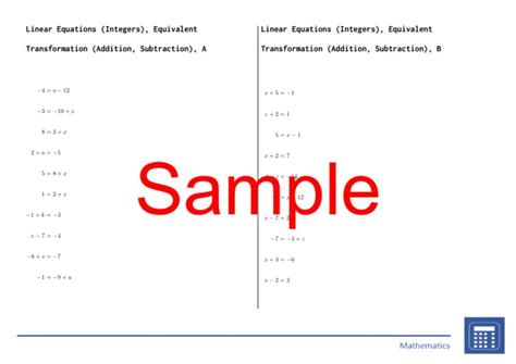 Linear Equations Integers Equivalent Transformation Printable