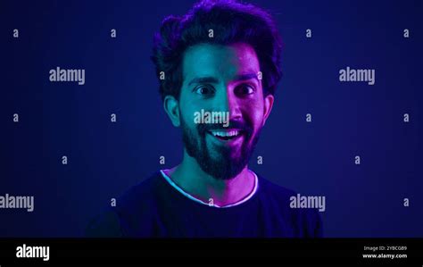 Portrait Indian Man Standing In Profile Side View Turn To Camera Smiling Toothy Happy Guy