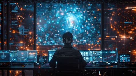 cybersecurity expert monitoring digital network in high tech control