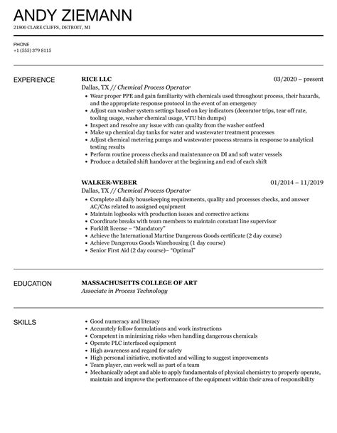 Chemical Process Operator Resume Samples Velvet Jobs