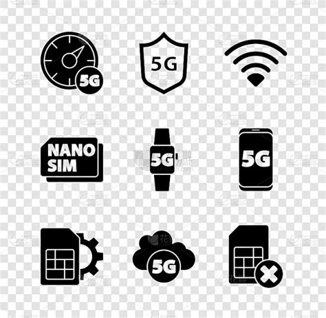 设置5g数字测速仪、防护屏、wi Fi无线网络、sim卡设置、云端、拒绝、nano卡、智能手表图标。素材 花瓣网