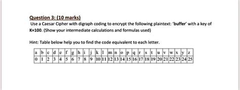 solved question 3 10 marks use caesar cipher with digraph coding to encrypt the following
