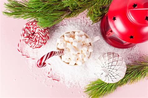 마시멜로가 있는 흰색 머그잔 사탕 지팡이 선물 상자 소나무 가지 크리스마스 새해 공 포장 레이스 손전등 분홍색 배경에 눈 속의 플랫 레이 겨울 전통 음료 음식 축제 장식 0