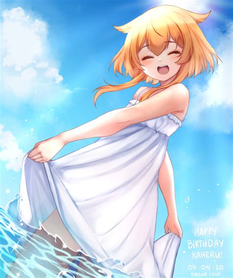 Safebooru 1girl D Absurdres Bare Arms Bare Shoulders Blonde Hair Blue Sky Blush Closed Eyes